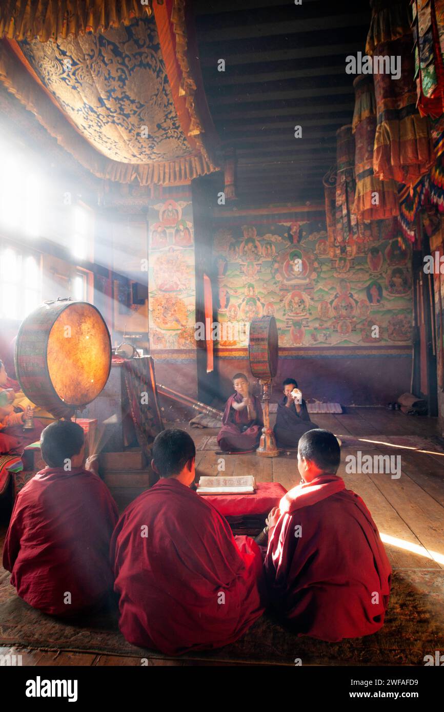 Young monks play musical instruments during a special blessing ceremony ...