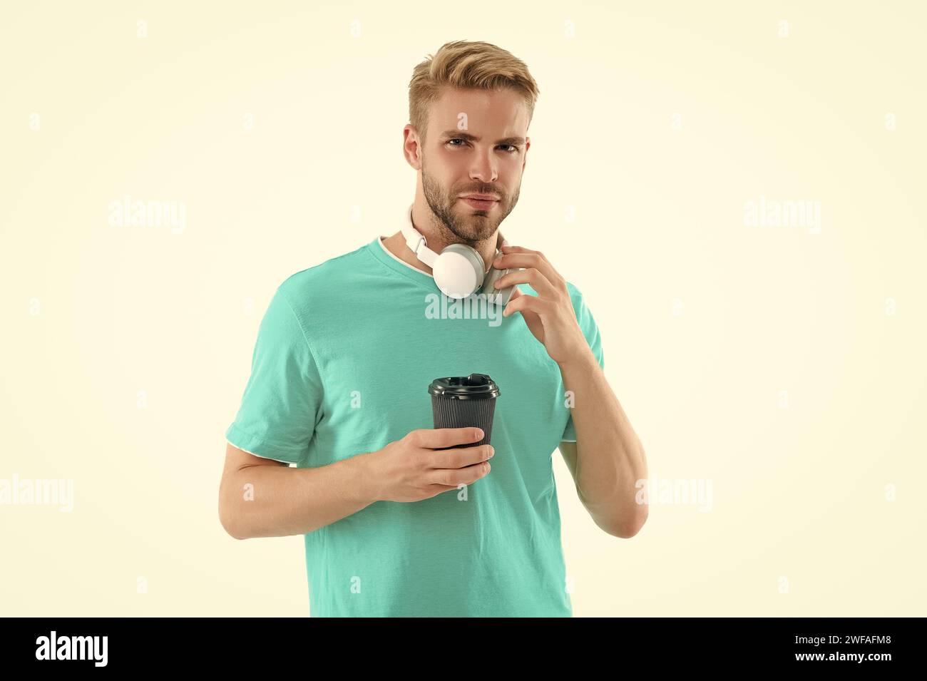millennial guy with coffee isolated on white, lifestyle. millennial guy ...