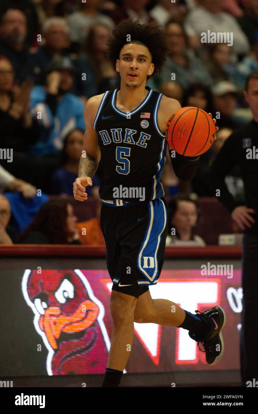 Blacksburg, VA, USA. 29th Jan, 2024. Duke Blue Devils guard Tyrese ...