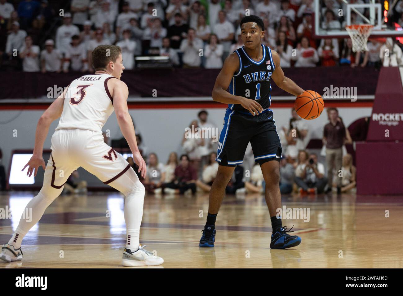 Blacksburg, VA, USA. 29th Jan, 2024. Duke Blue Devils guard Caleb ...