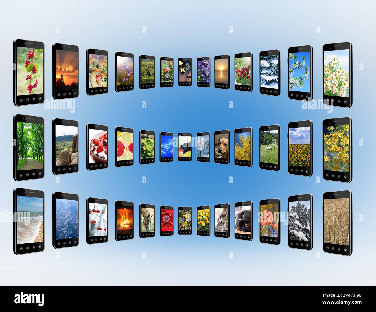 Smartphones with different photo in rows. Mobile phones with images of ...