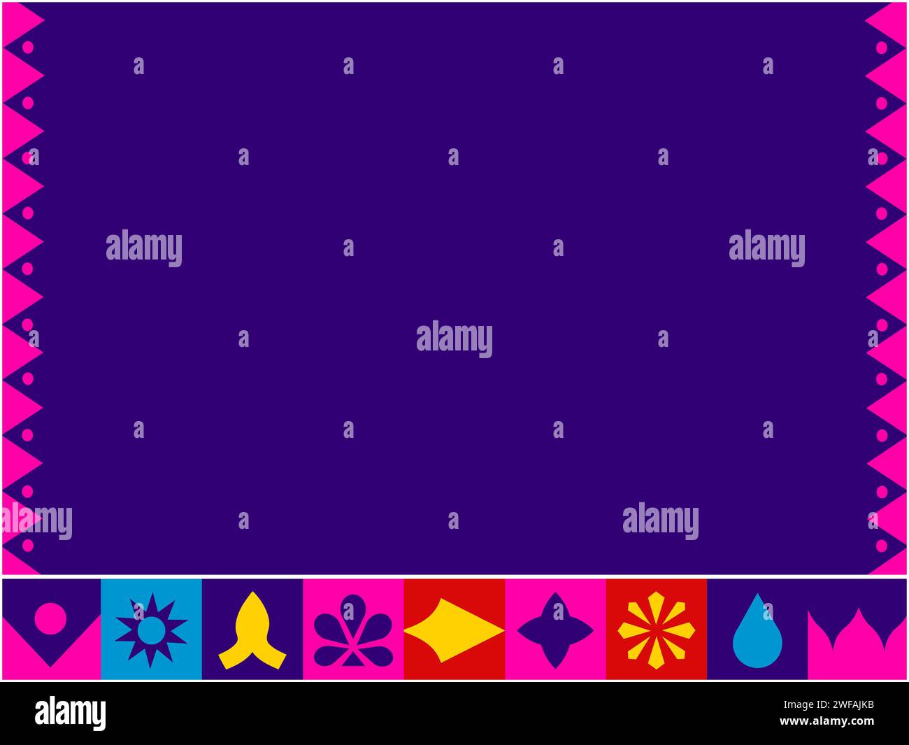 Colorful geometric border and symbols on a purple background Stock ...