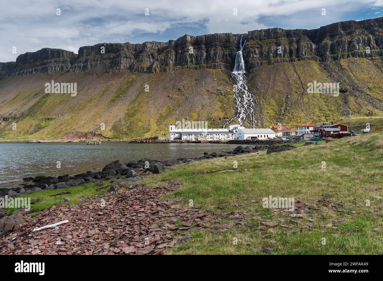 Baejararfoss waterfall, abandoned Djupavik herring factory ...