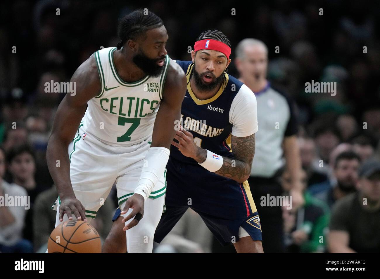 Boston Celtics guard Jaylen Brown (7) drives as New Orleans Pelicans ...