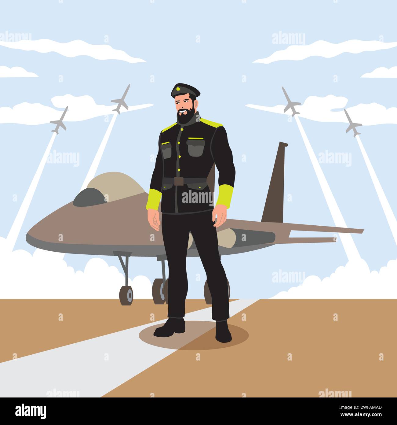 Vector illustration of a pilot standing on the runway with an airplane ...