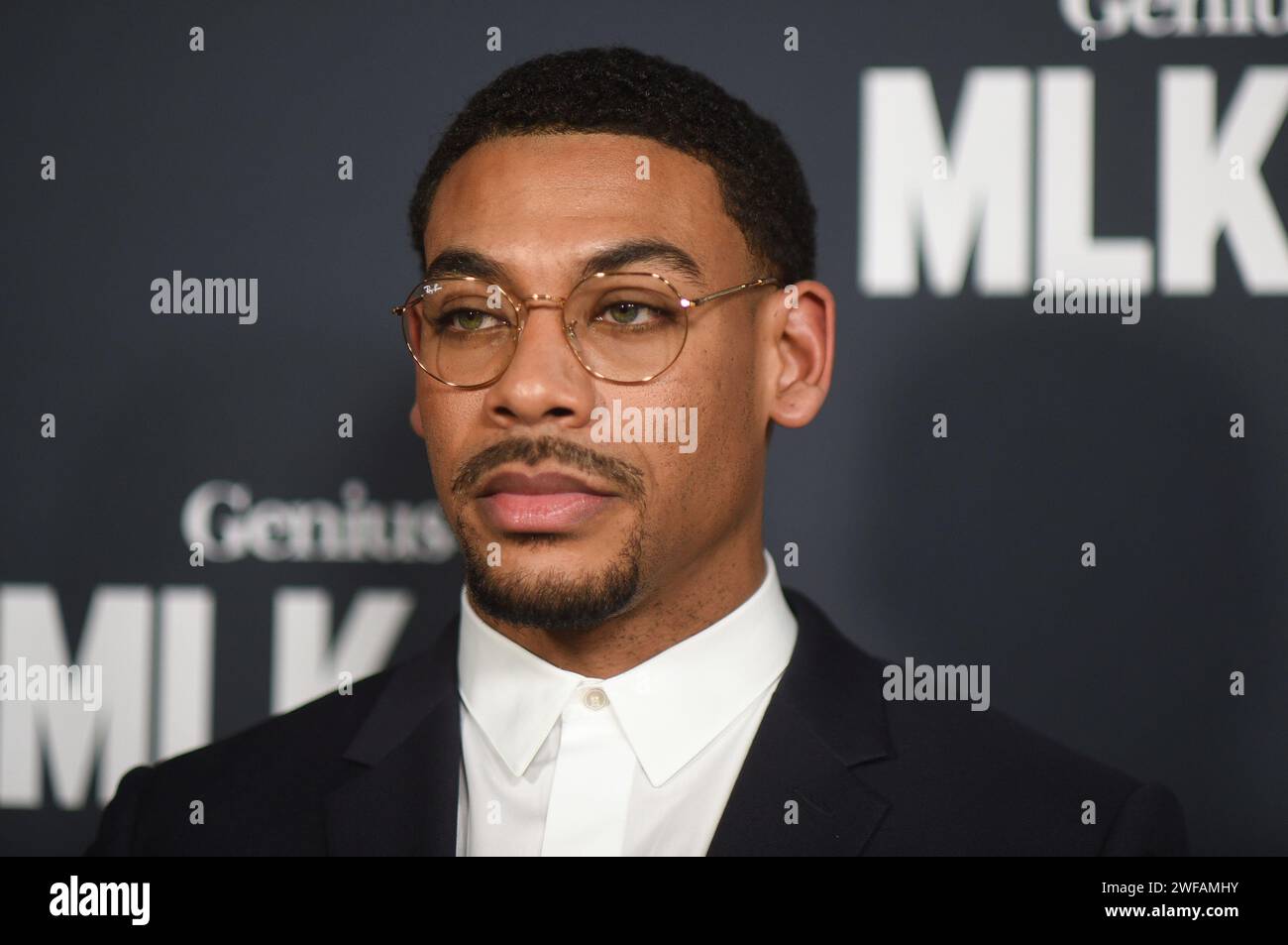 Aaron Pierre arrives at the premiere of "Genius: MLK/X" on Monday, Jan ...