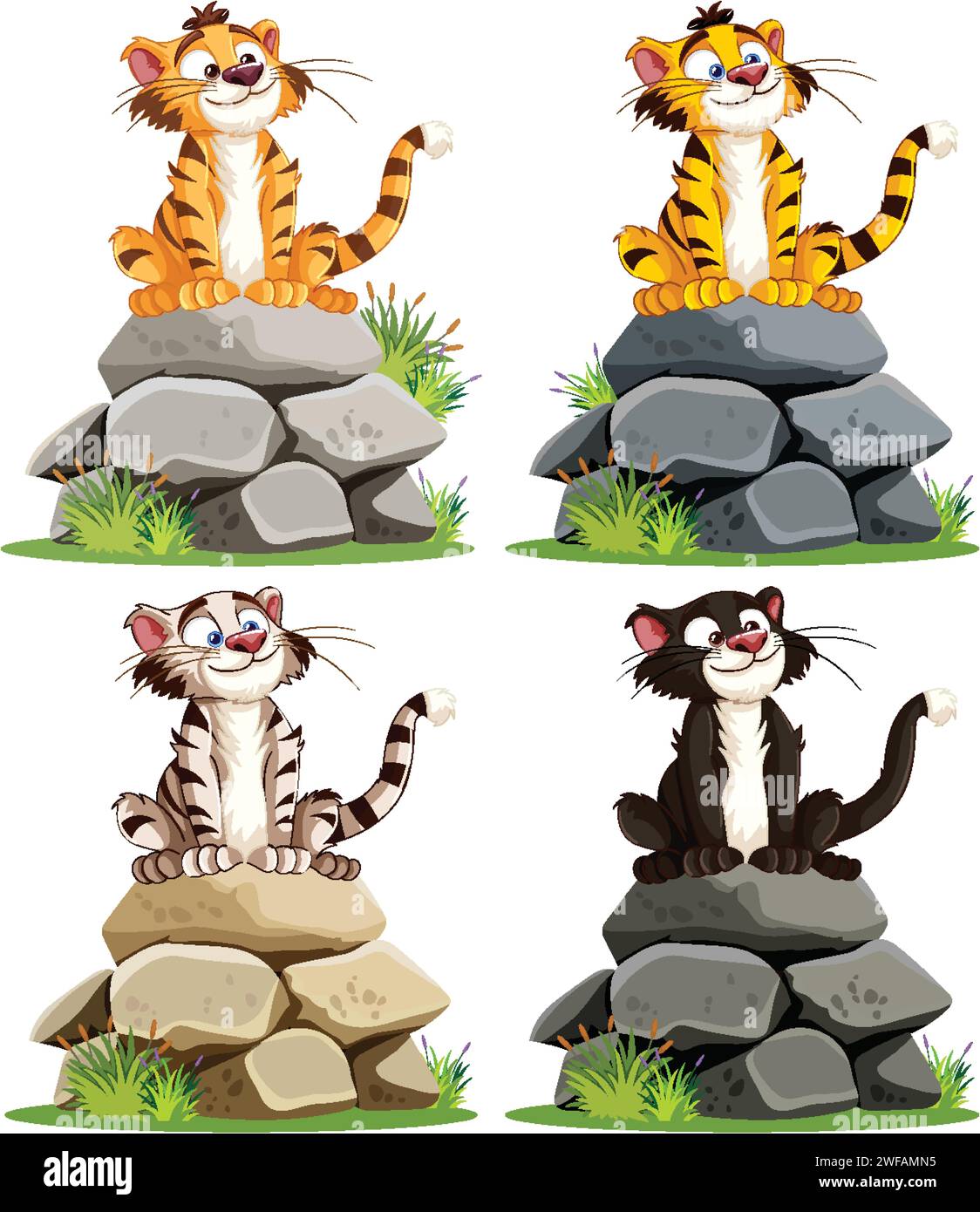 Colorful vector illustration of animated cats sitting on stones Stock ...