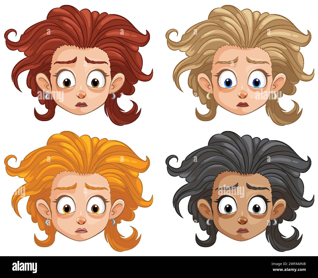 Four cartoon faces showing different expressions and hairstyles Stock ...