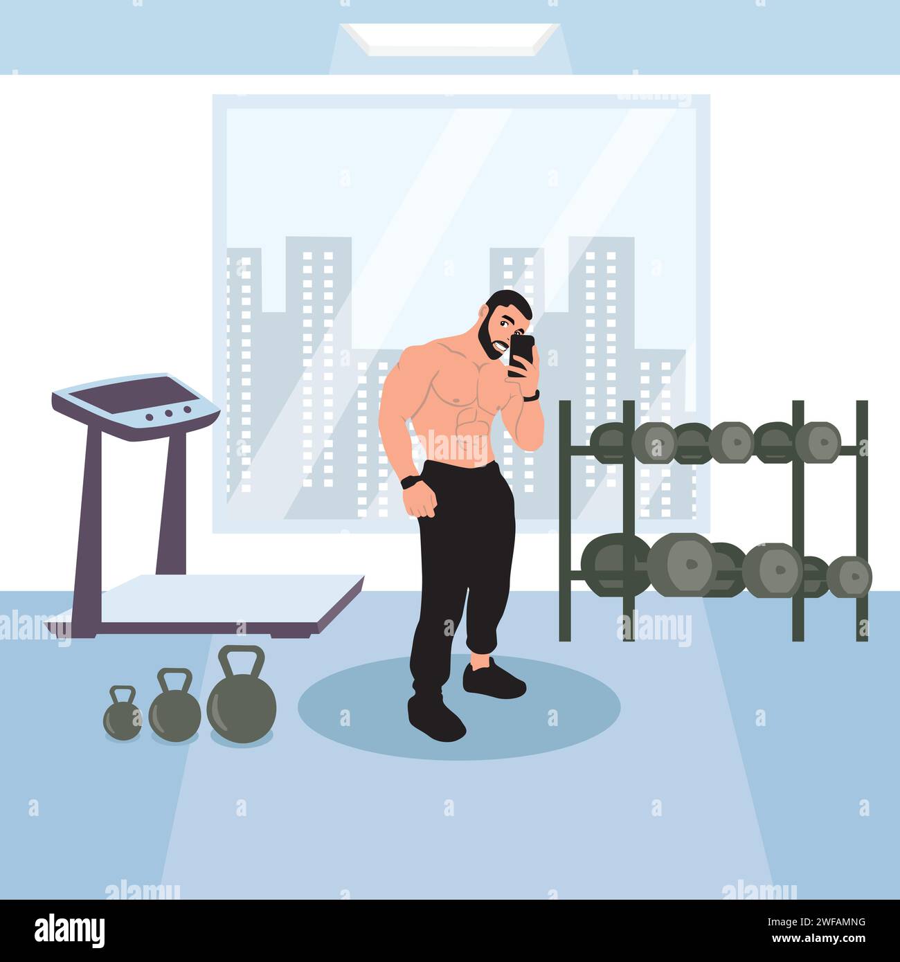 Man in the gym with dumbbells. Vector illustration in flat style Stock ...