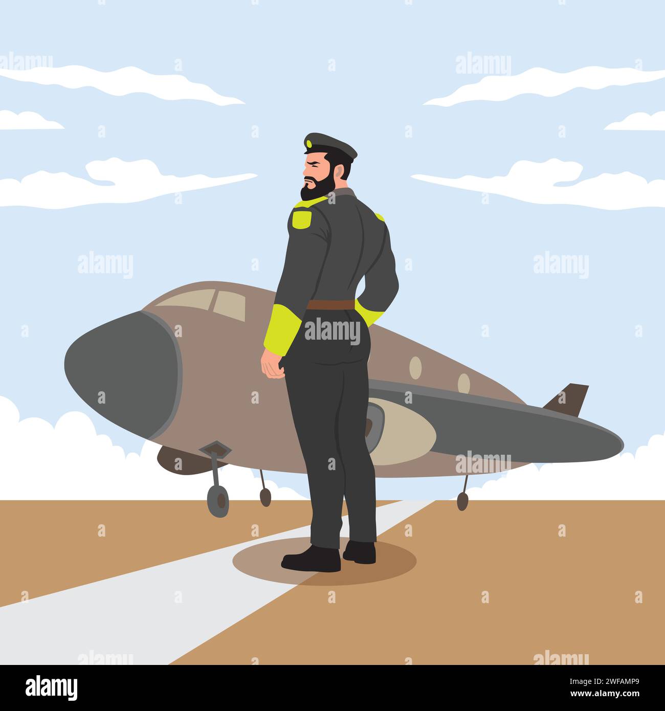 Vector illustration of a pilot standing on the runway with an airplane ...