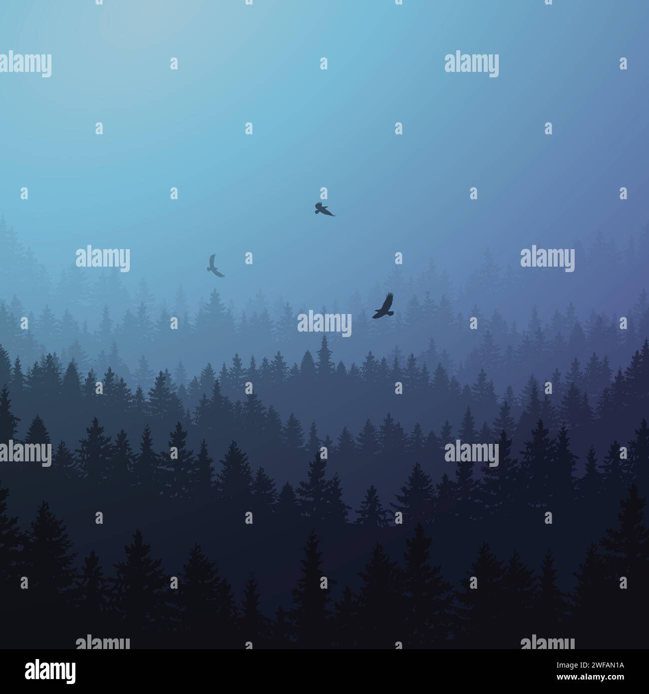 Forest morning trees mountains birds Stock Vector Image & Art - Alamy