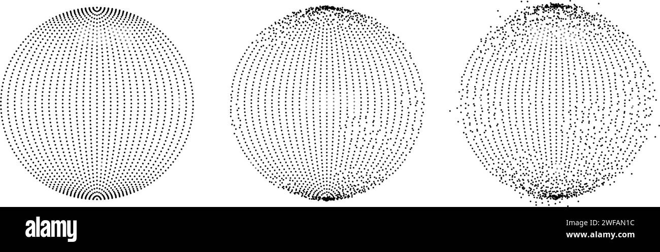 Set of dotted spheres with dissolve effect. Stipple disintegrating ...