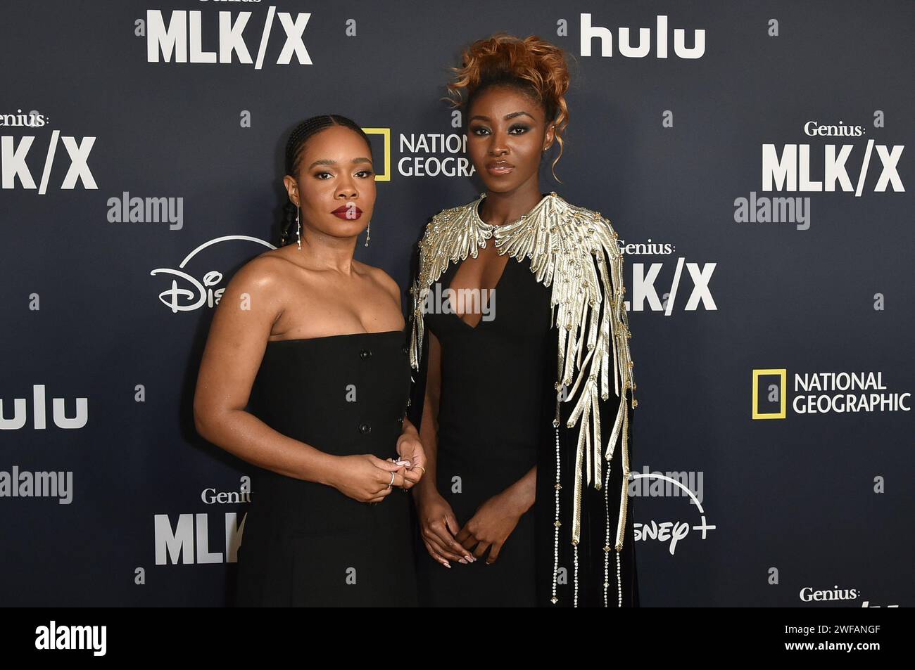 Weruche Opia, left, and Jayme Lawson arrive at the premiere of "Genius: MLK/X" on Monday, Jan ...