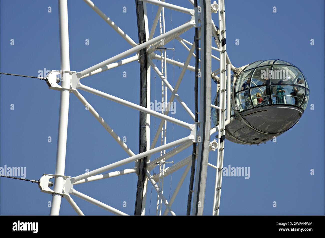 Close-up on a section of the main wheel and one of the passenger cabins ...