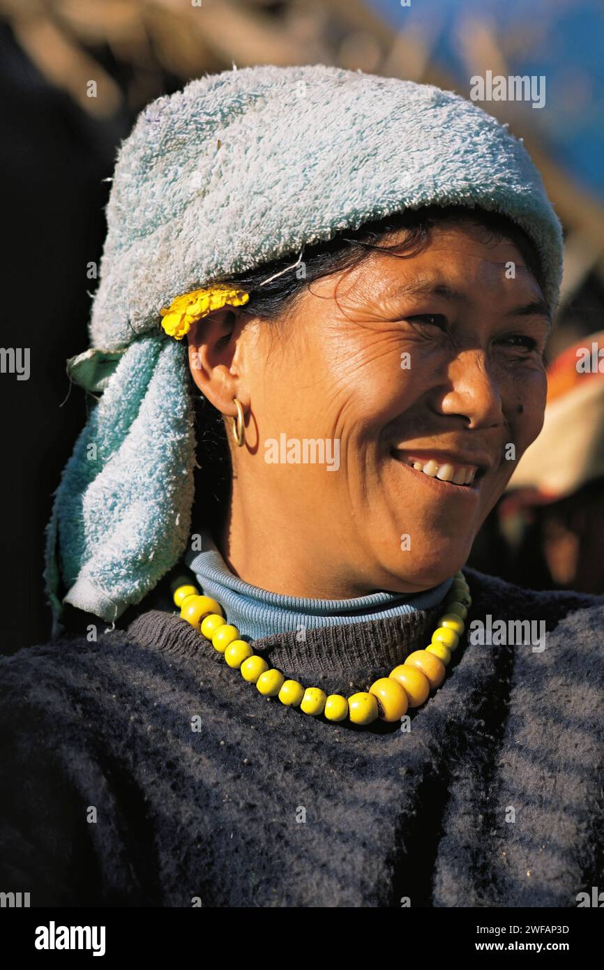 Smiling Sherpa woman in the village of Tashigaon in the Makalu region ...