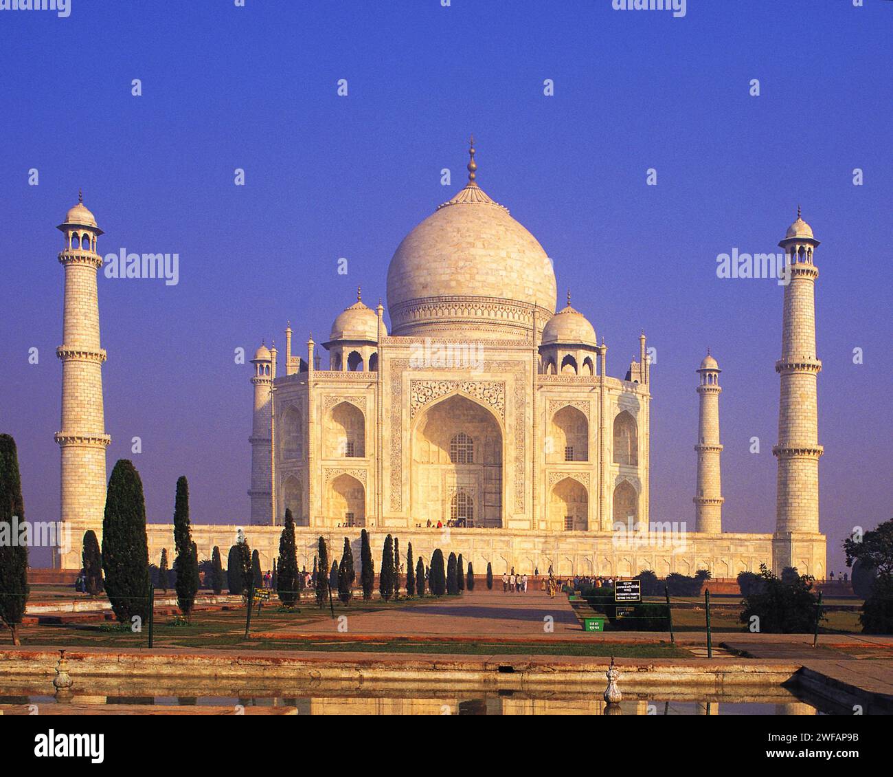 Classic early-morning view of the Taj Mahal reflecting in still water ...