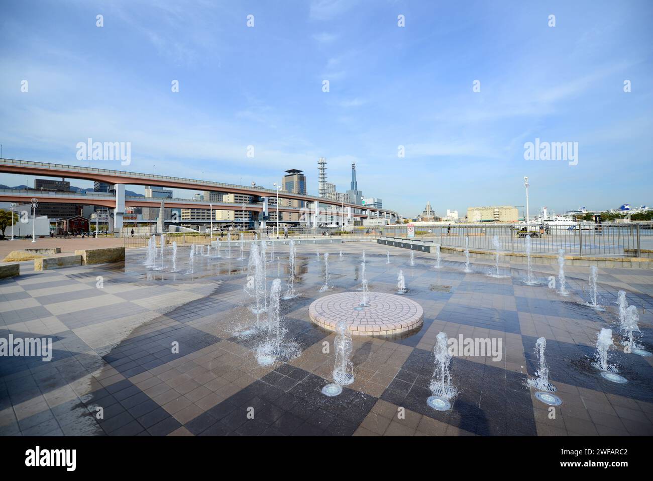 Fountain Square at the Merikan waterfront park in Kobe, Japan Stock ...