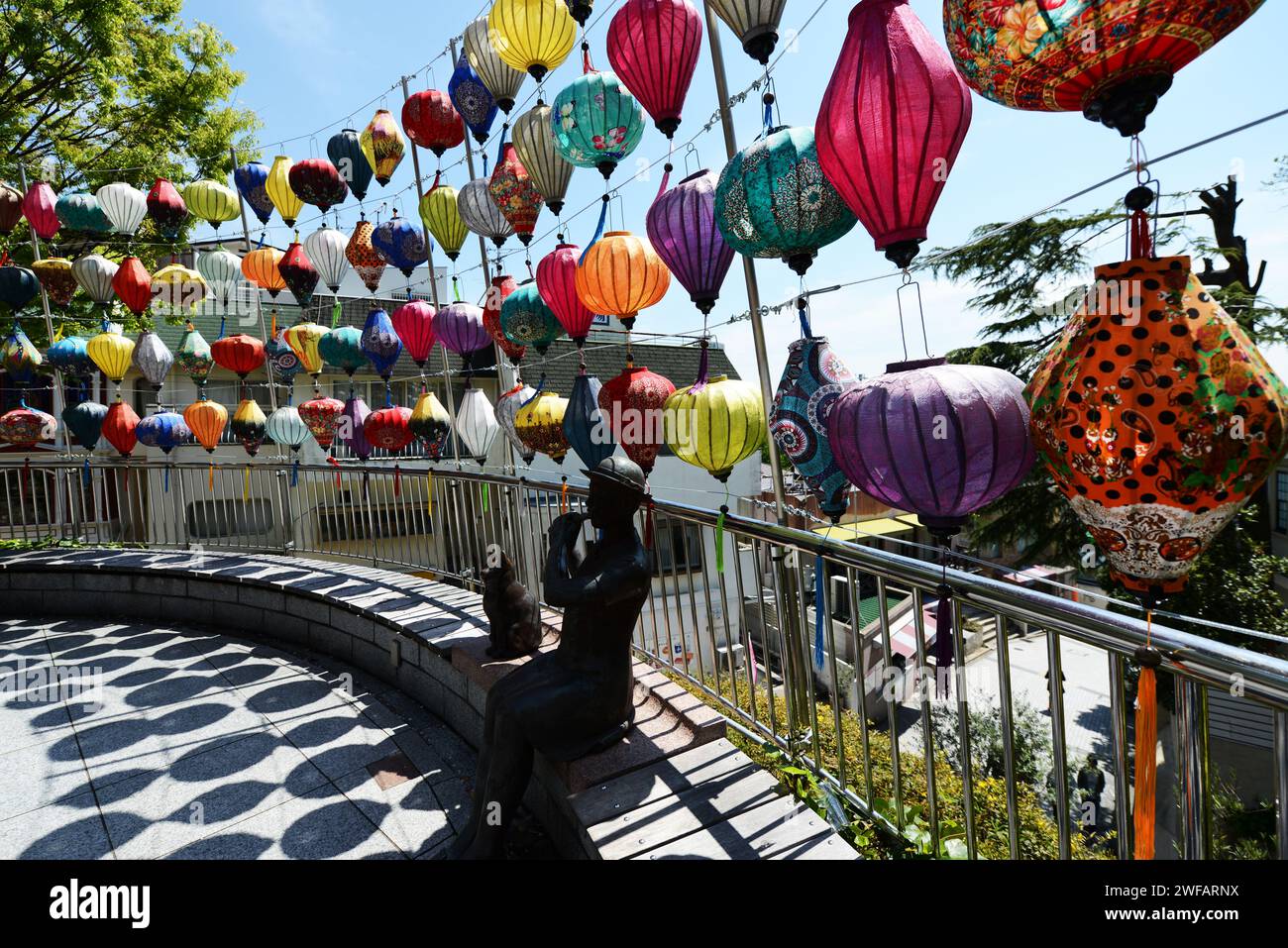 Colorful lanterns at the Kitanochō Square in Kobe, Japan Stock Photo ...