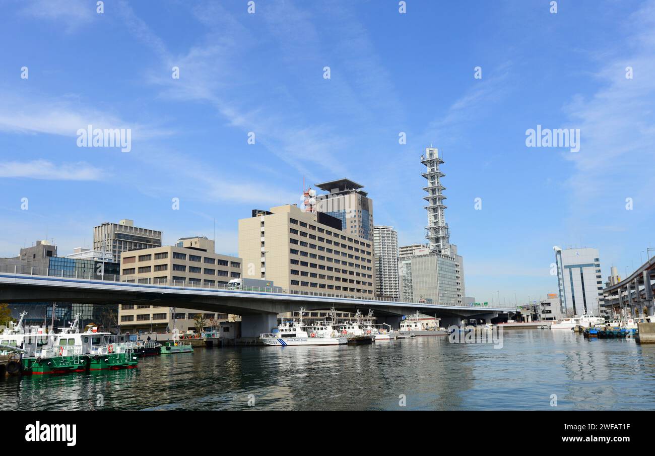 A view of the port area and the Hamate bypass bridge in Kobe, Japan ...