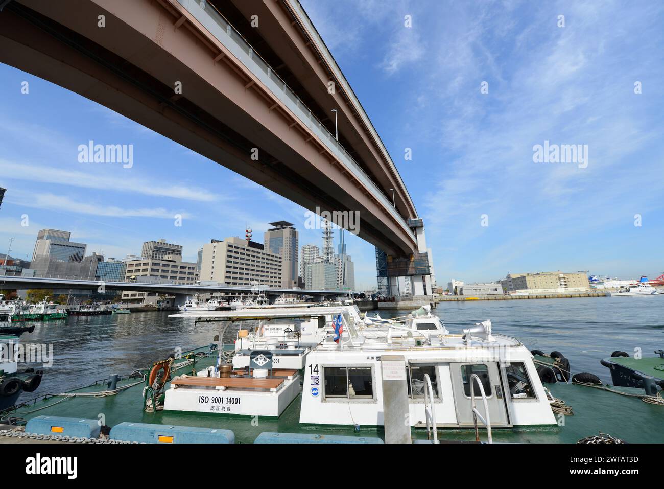 A view of the port area and the Hamate bypass bridge in Kobe, Japan ...