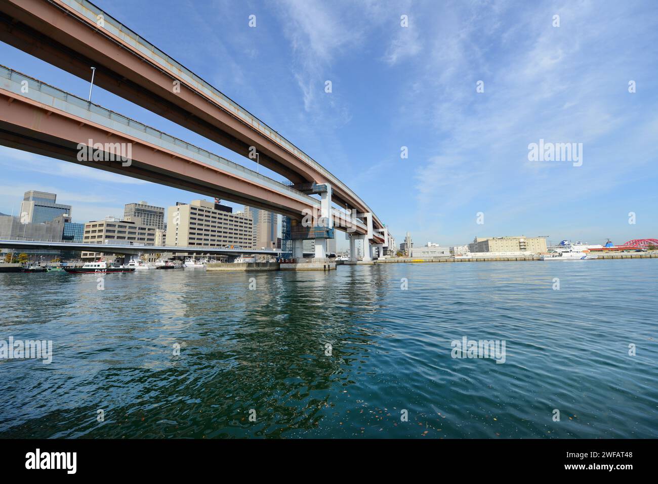A view of the port area and the Hamate bypass bridge in Kobe, Japan ...