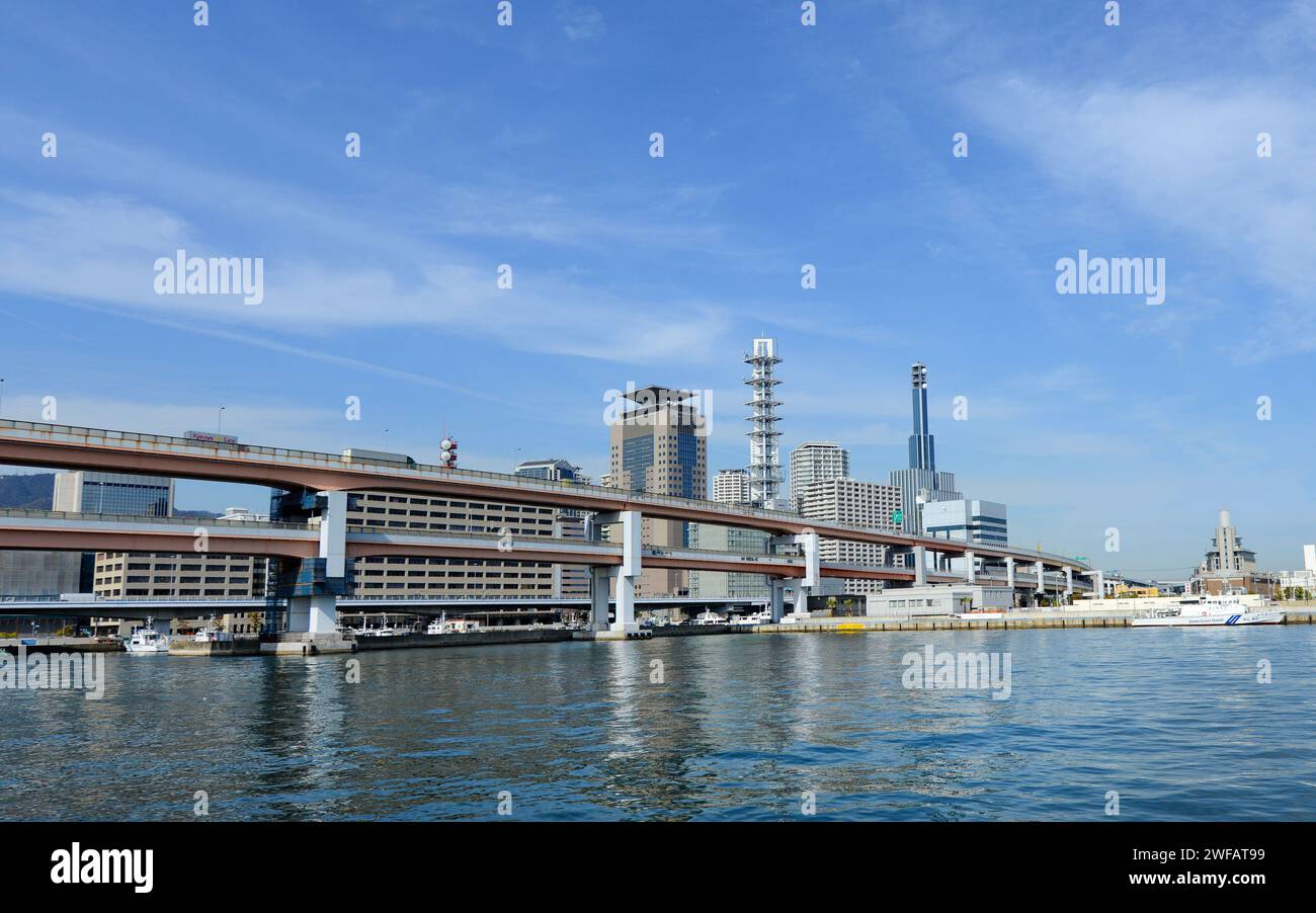 A view of the port area and the Hamate bypass bridge in Kobe, Japan ...