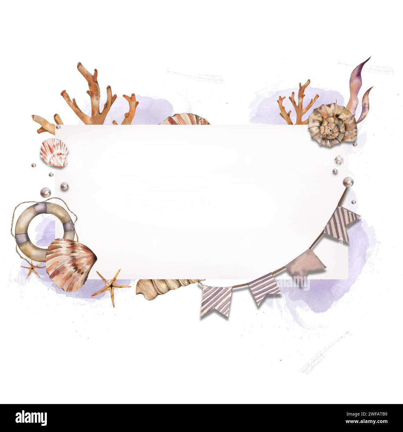 marine-themed frame. shells, corals, starfish, algae, lifebuoy, pearls. watercolor illustration ...