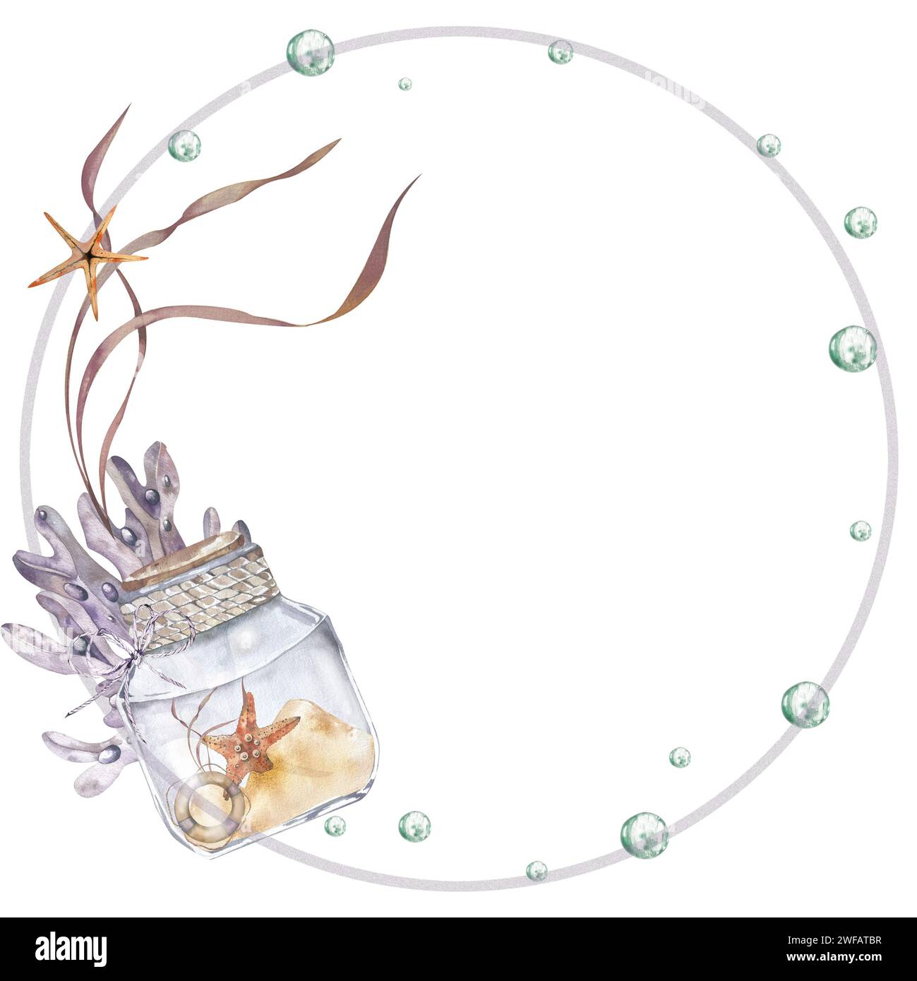 round frame consisting of a glass jar with a starfish, sand and a ...