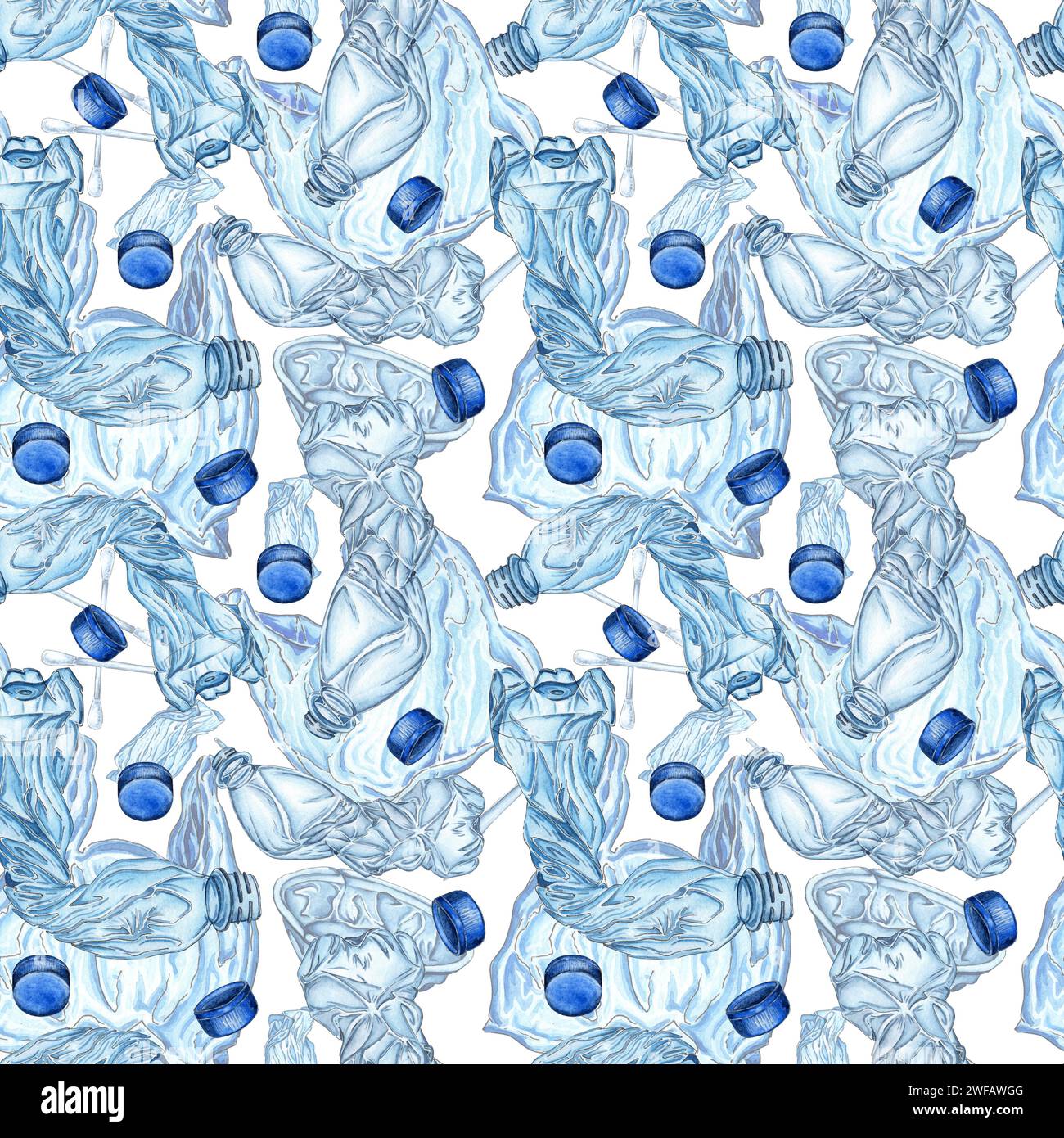 Watercolor illustration pattern of plastic waste pollution. Plastic ...