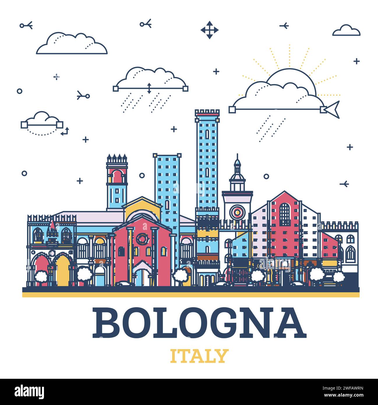 Outline Bologna Italy City Skyline with colored Historic Buildings Isolated on White. Vector ...