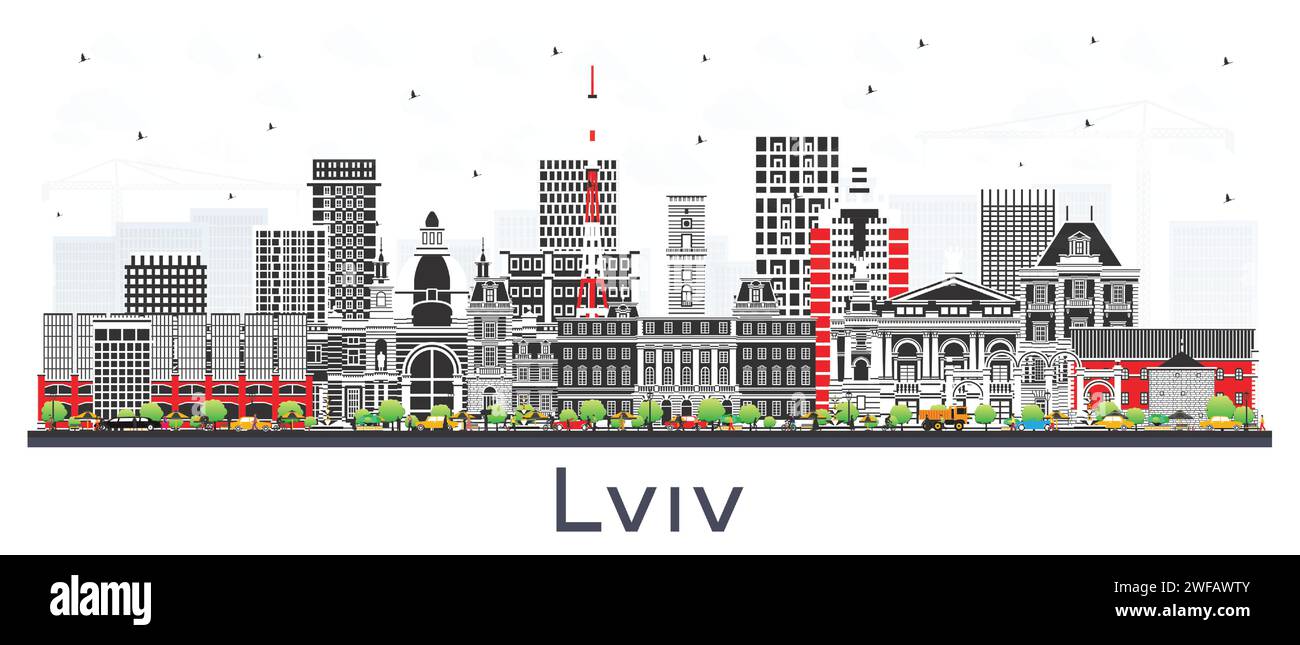 Lviv Ukraine City Skyline with Color Buildings isolated on white ...
