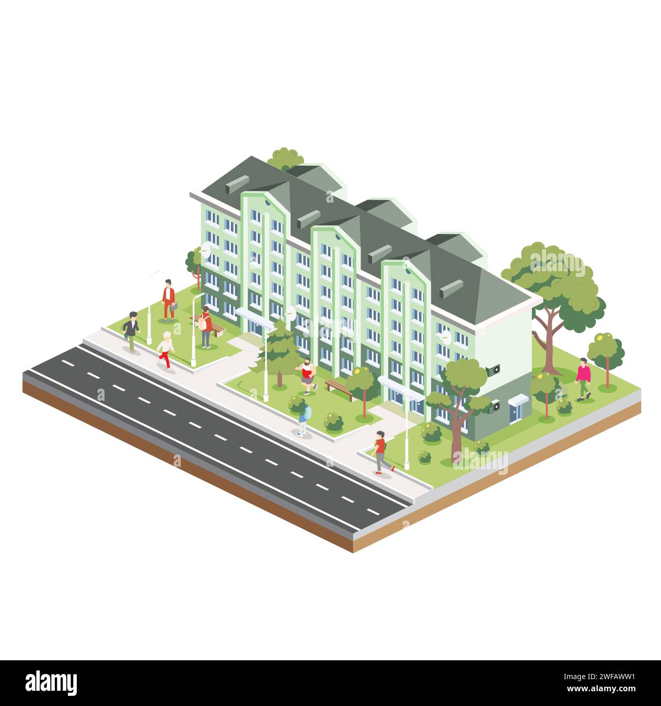Isometric residential six storey building with people, road and trees. Icon or infographic ...