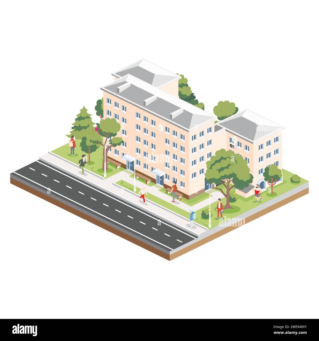 Isometric residential five storey building with people, road and trees ...