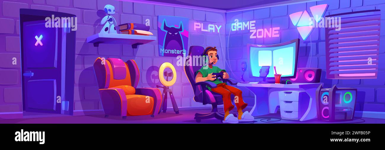 Young man playing video game on computer. Cartoon vector of room ...