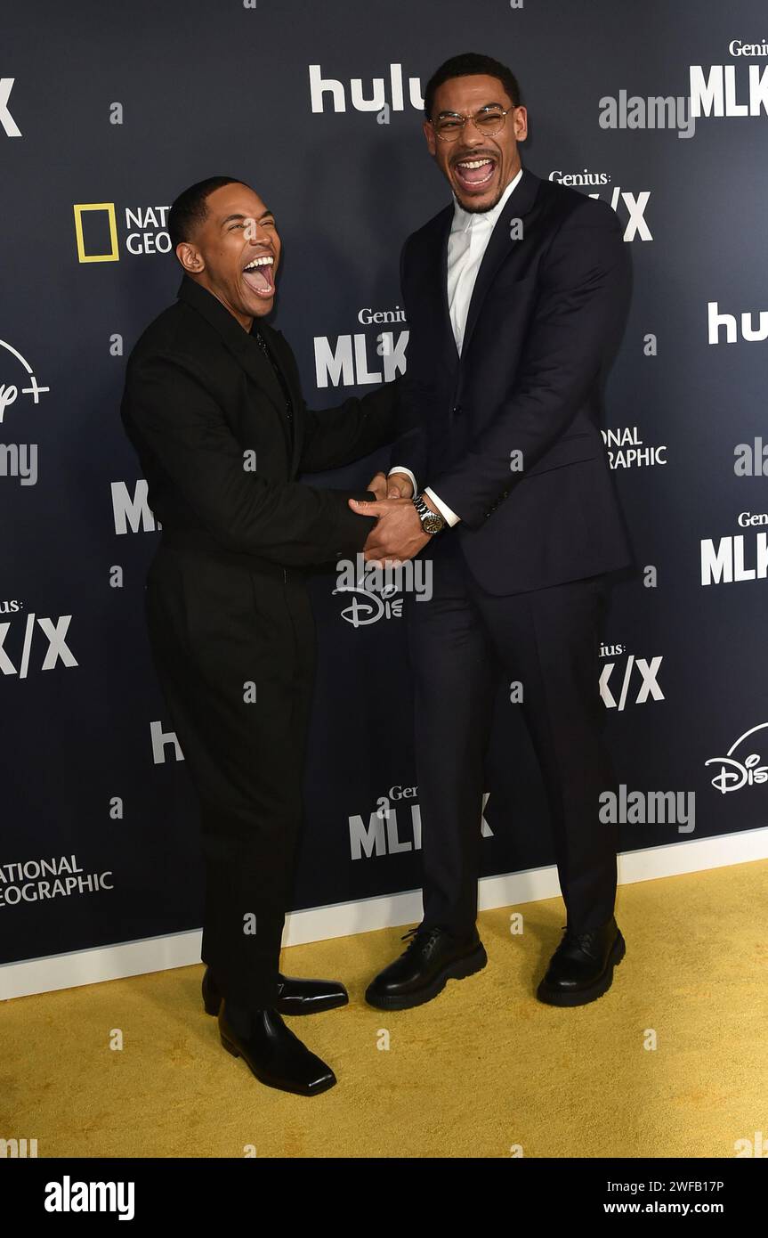 Kelvin Harrison Jr., left, and Aaron Pierre arrive at the premiere of "Genius: MLK/X" on Monday ...