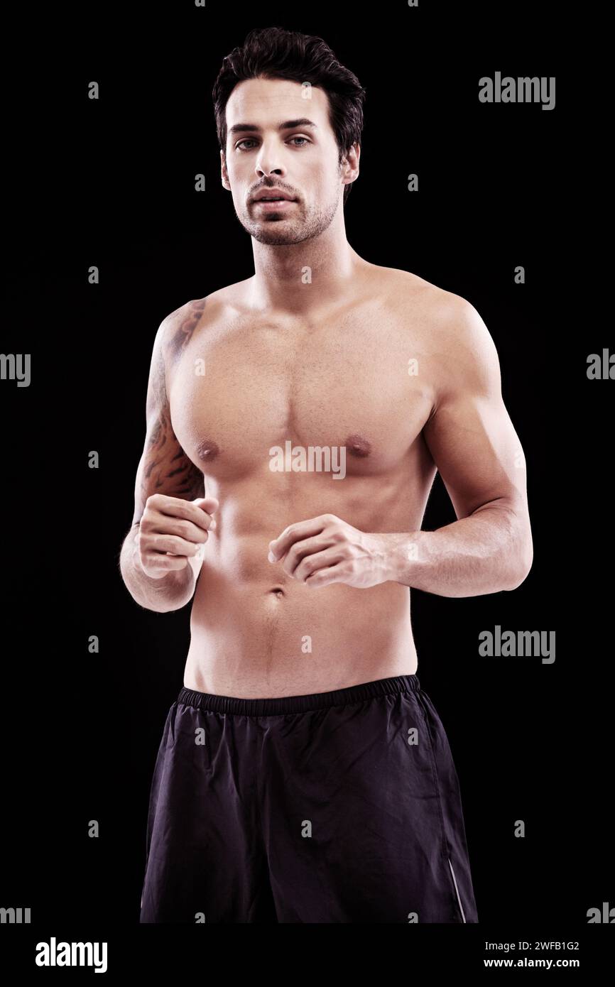 Man, portrait and fitness with fighter in a studio ready for boxing ...