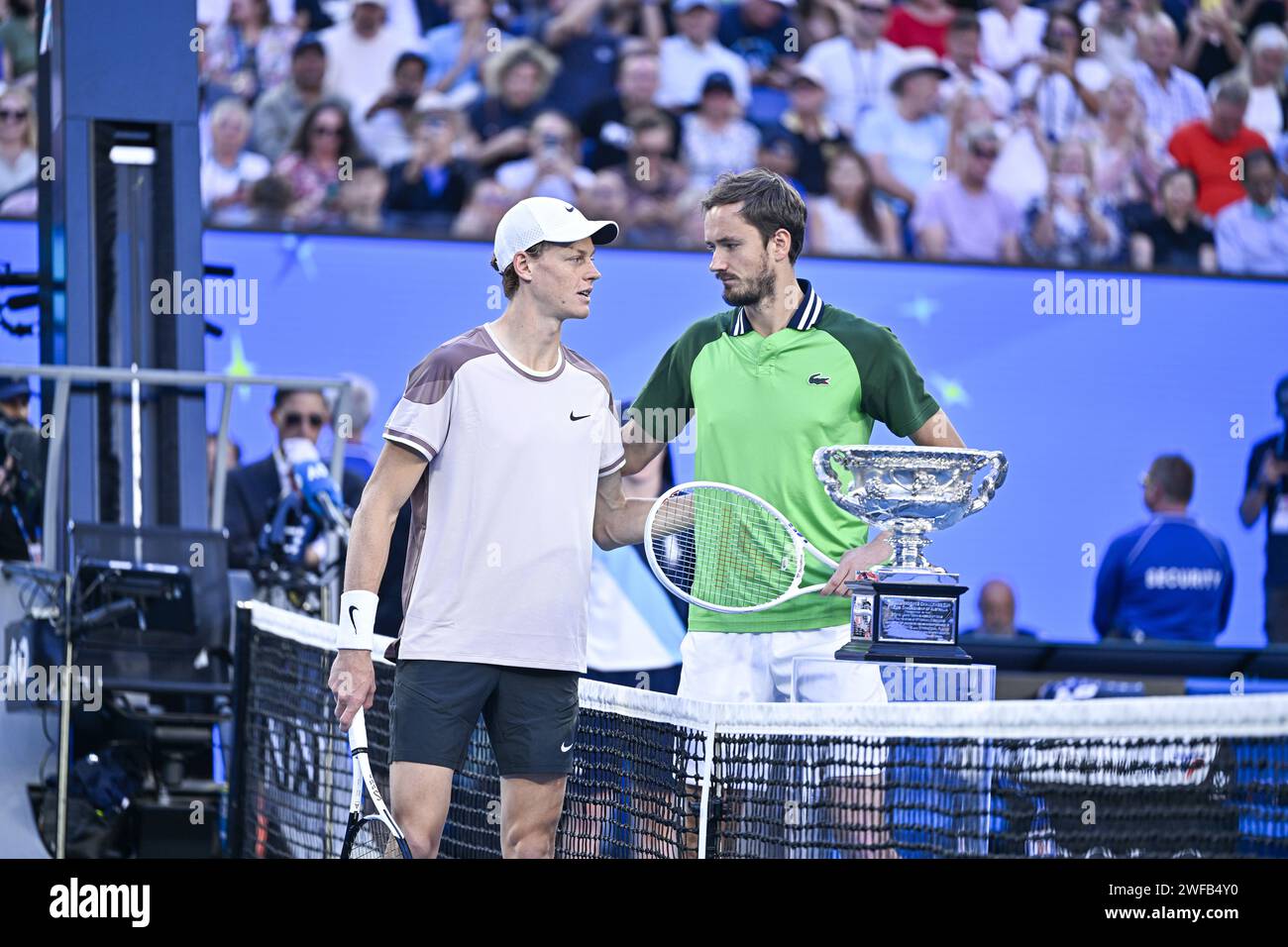 Jannik Sinner and Daniil Medvedev during the Australian Open AO 2024 men's final Grand Slam ...