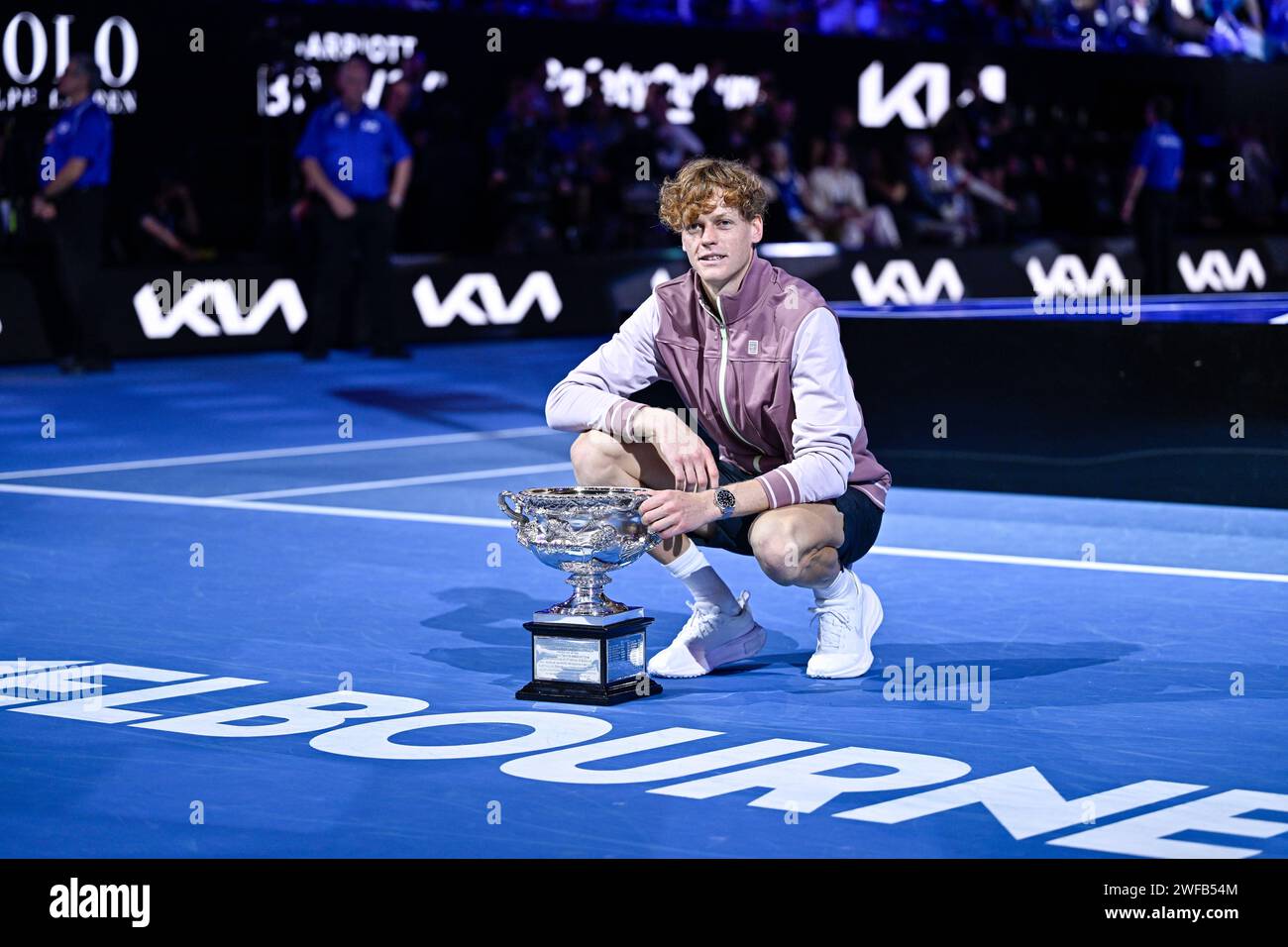 Paris, France. 28th Jan, 2024. Jannik Sinner of Italy with the Norman Brookes cup trophy during ...