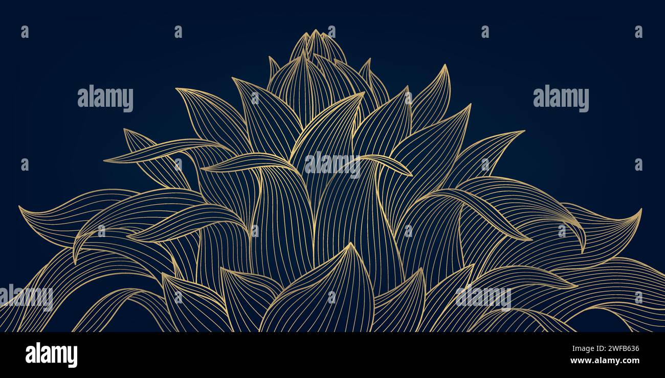Vector art deco lotus flower illustration, golden line floral luxury ...