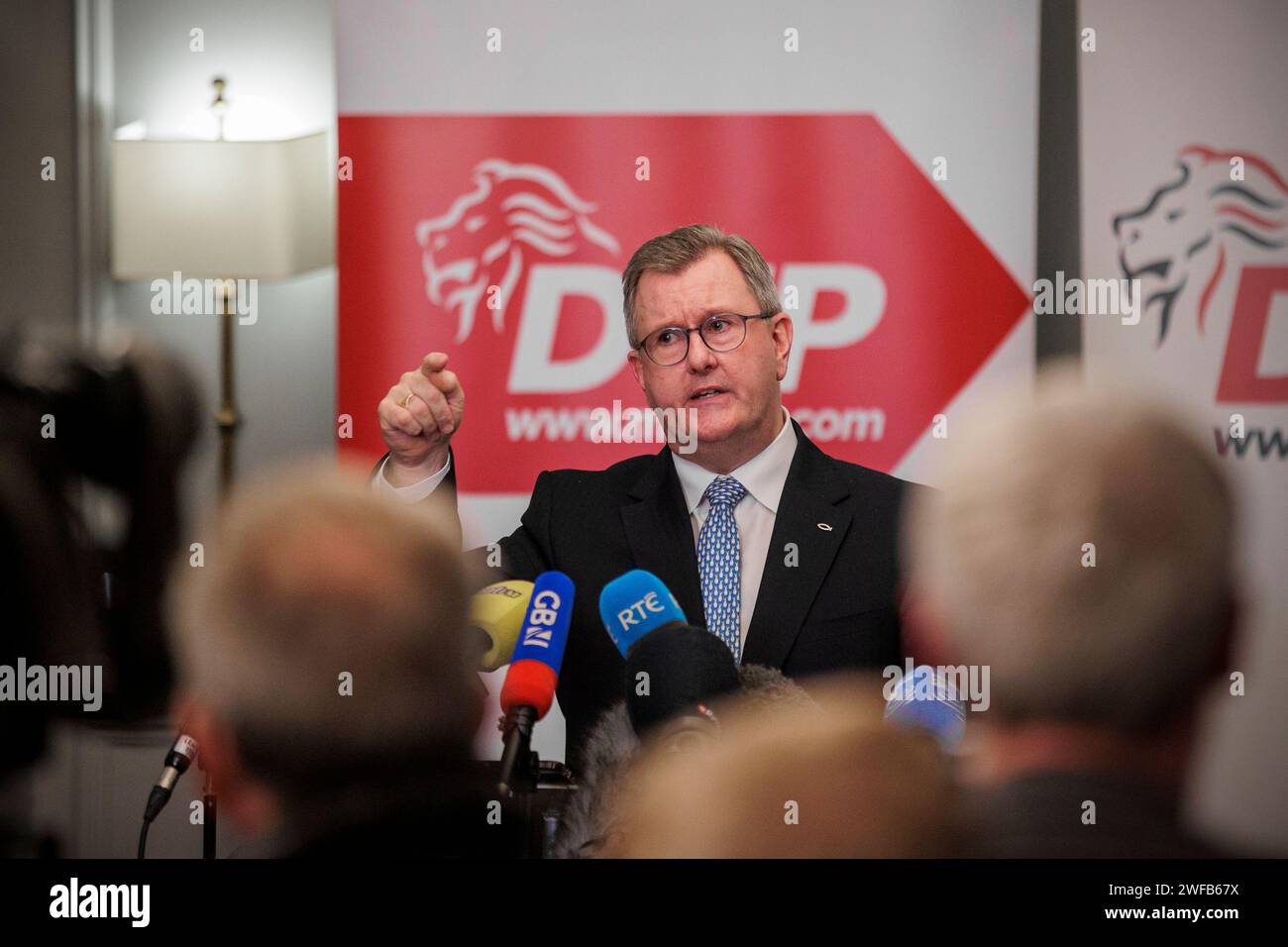 DUP leader Sir Jeffrey Donaldson MP during a press conference at Hinch ...