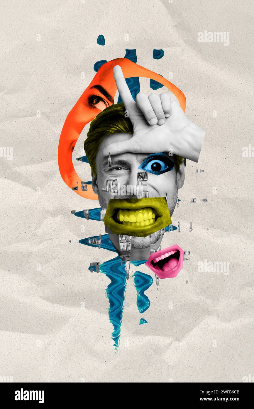 Vertical portrait collage of grimace funny man toothy smiling and ...