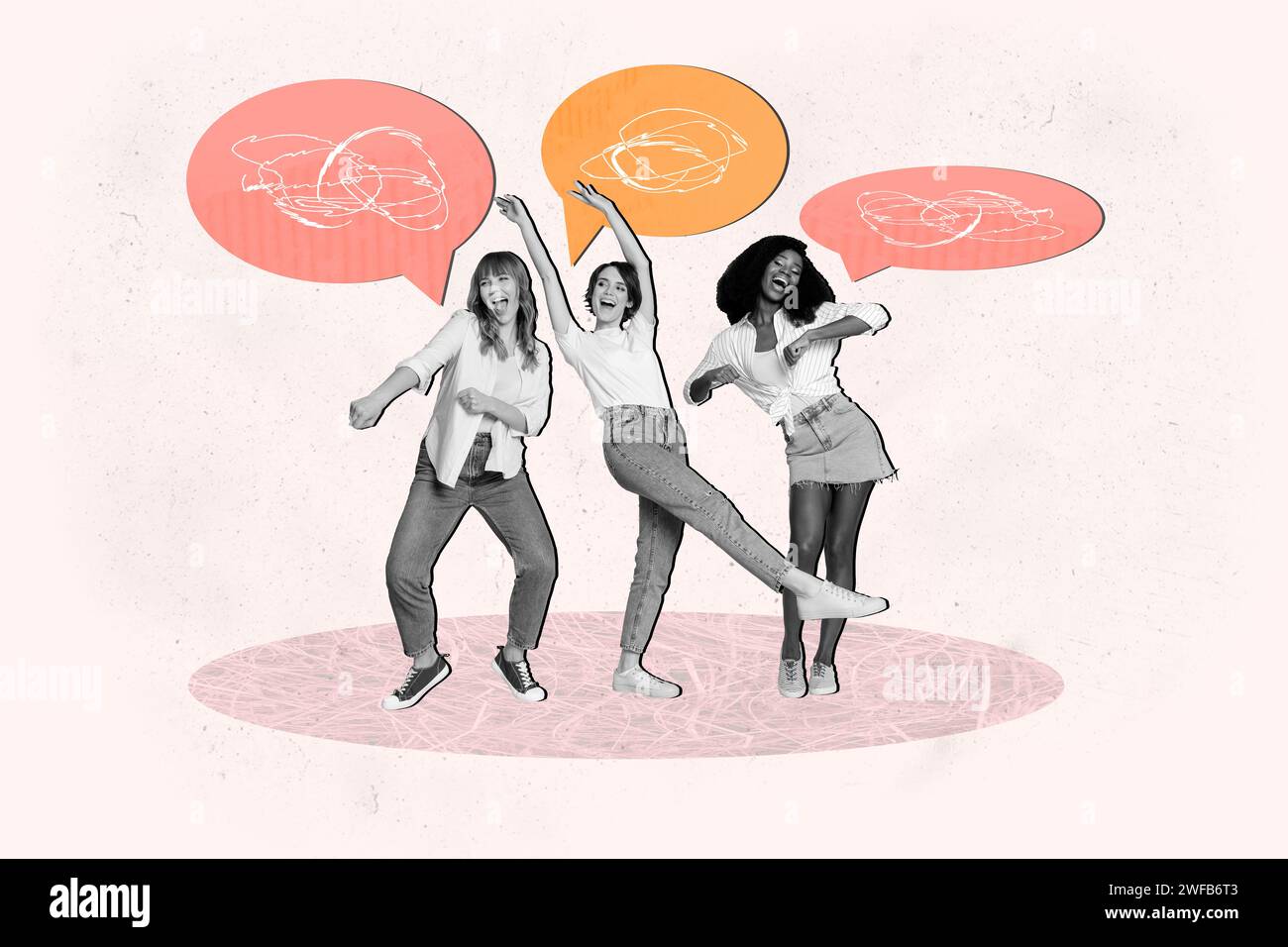 Creative collage poster picture three young girls dancing have fun ...