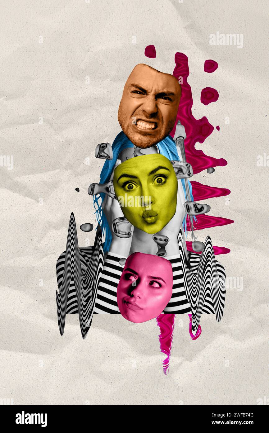 Vertical image collage of set face grimaces young person have bipolar ...