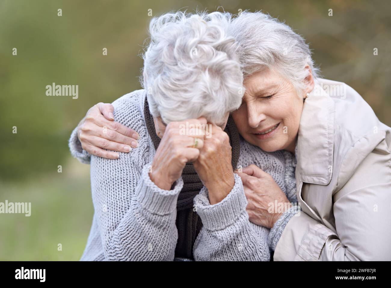 Senior woman, empathy and crying in nature, depression and grief in ...