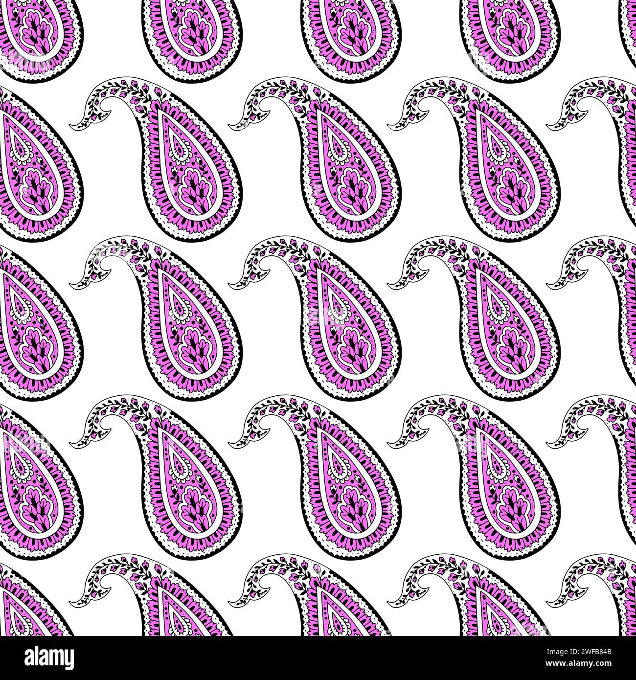 Seamless pattern with pink Paisley motifs on white background Stock ...