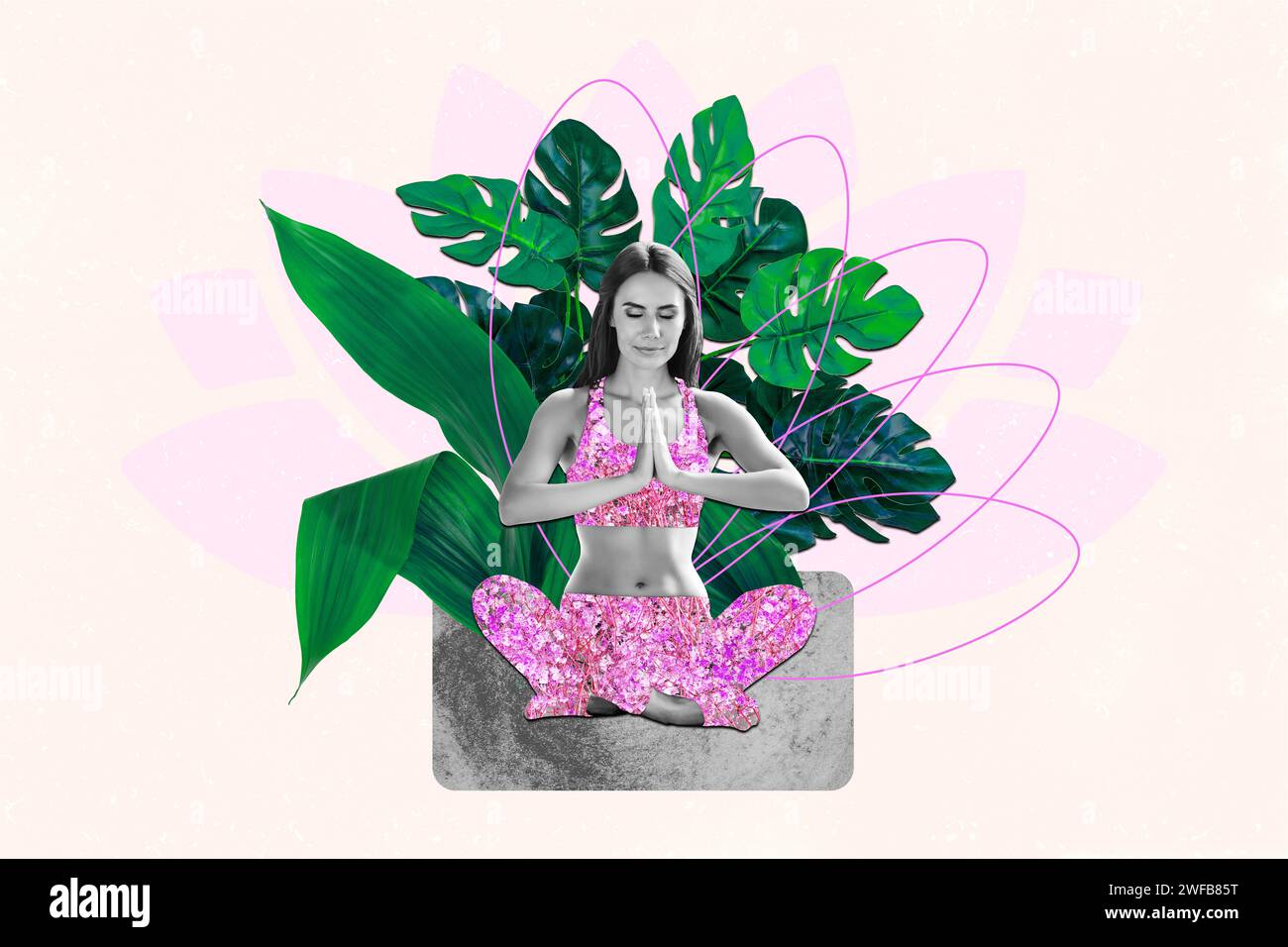 Horizontal creative photo collage of calm mindful woman sitting do yoga ...