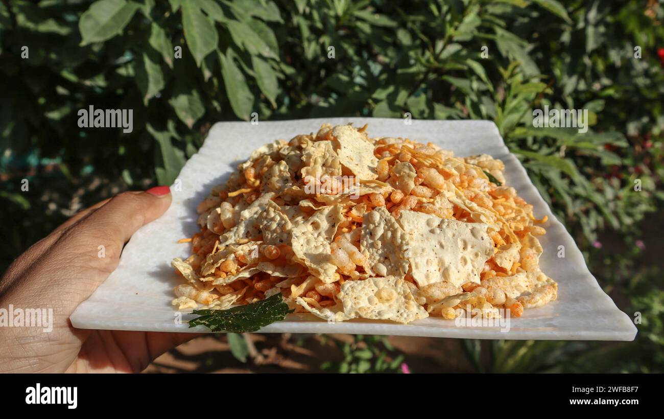 Crispy and crunchy Papad Mamra or Papad chavanu mixture of puffed rice ...