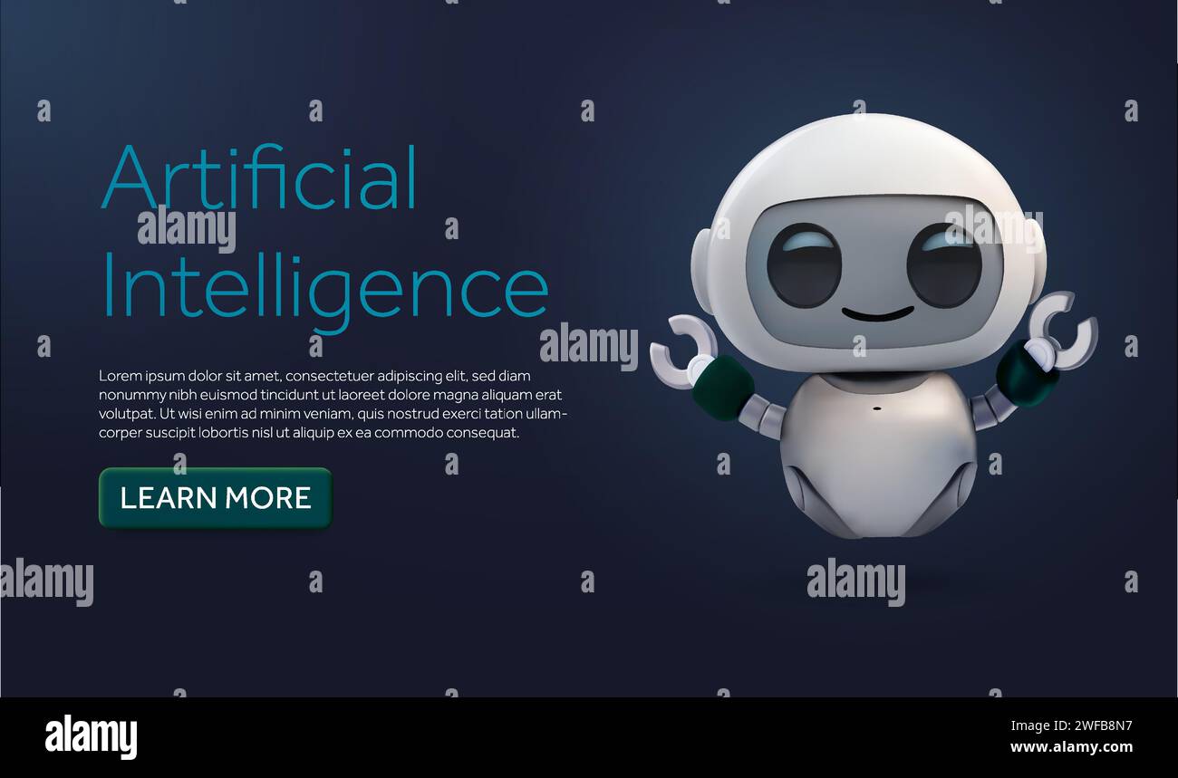 3d modern AI or robot service banner template with CTA button on dark ...
