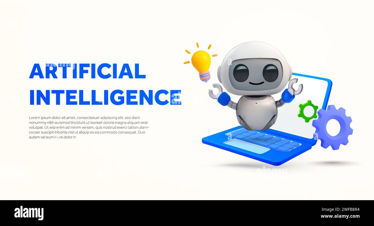 Artificial intelligence banner template with modern robot, laptop, gears and bulb. Generative AI ...