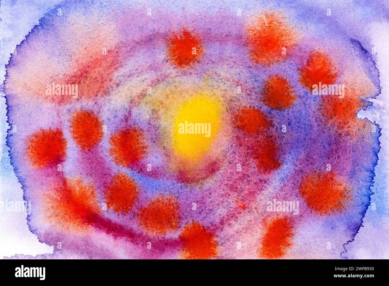 Vibrant watercolor painting resembling a solar system with a radiant ...